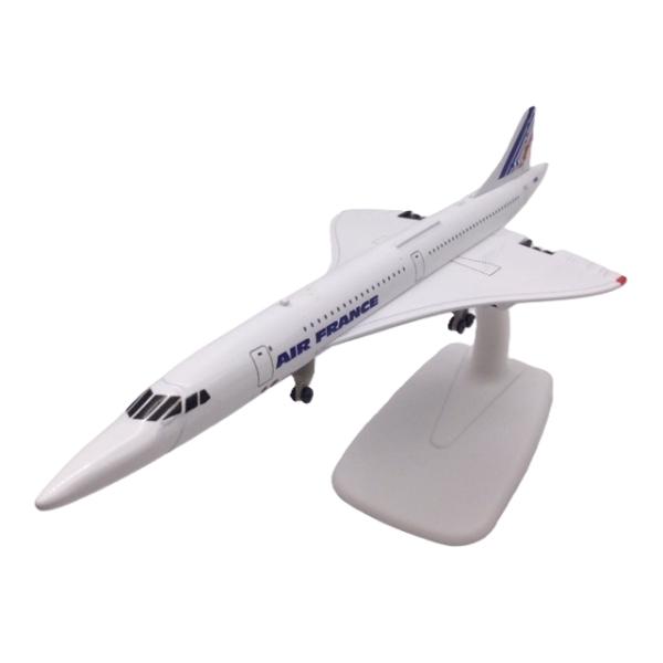 エールフランス航空カラーのコンコルドを20cmで再現したダイキャスト模型。スタンド＆ランディングギア付きで飛行・駐機シーンを楽しめる世界の翼20cmシリーズ。細長い機首と独特のシルエットを美しく表現した精密ミニチュアモデル。