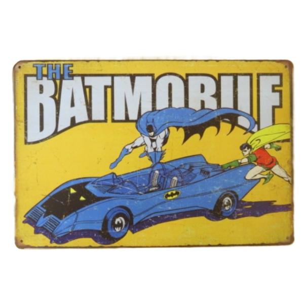 バットモービル 金属製　メタルサインプレートバットマン ロビン　BATMOBILE BATMAN ROBIN DCコミック DC COMIC アメリカンコミック アメコミ ヒーロー看板　ブリキ　アンティーク　ガレージ　インテリア　広告　カフ...