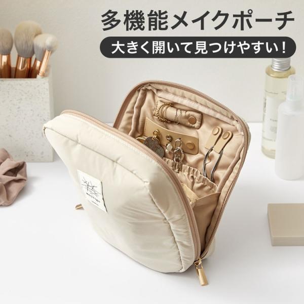【サイズ】幅18×奥行5.5×高さ18cm【素 材】生地:ポリエステル・塩化ビニル樹脂・綿引手:亜鉛合金【カラー】ベージュ【重 量】約0.12kg【梱包サイズ】幅19×奥行19×高さ8cm（約0.12kg）ネスティゴ 多機能メイクポーチ　ロウヤ