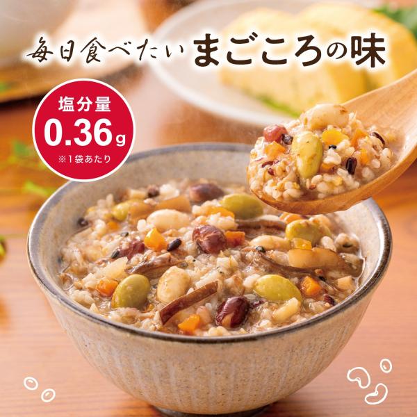 かつお節、玉ねぎ、しょうがで旨みをしっかり出した出汁と、たっぷりと雑穀・根菜・豆・きのこを入れて優しいお粥に仕上げました。朝食や簡単ランチにぴったりです。素材の旨みが溶け出した美味しさが自慢です。【内容量】160g×6袋【栄養成分表示（1食...