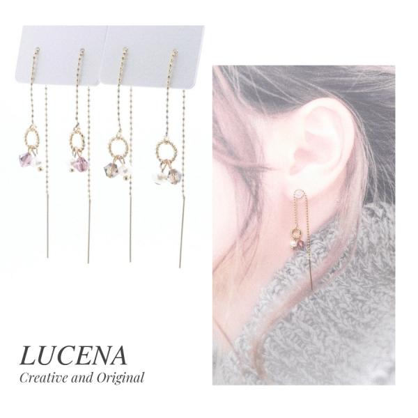 細いボールチェーンを使用したアメリカンピアスビーズはスワロフスキー製の物を使用、淡水パールと合わせました。サテン系のビーズを使用しているので色は少し落ち着いた感じ♪素材は真鍮などの合金にゴールドはk18ゴールドコーティング安心の日本製です。