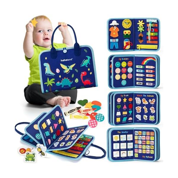 B - 恐竜 - 8ページブルー/M/CF-TBB01・Color:ブルー・21-in-1モンテッソーリビジーボード：生活スキル、アルファベット、数字、形、色、動物、天気を含む、幼児が遊びながら学べるすべてを詰め込んだボードです。静かな時間...