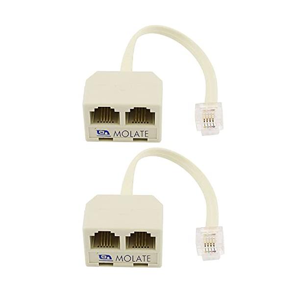 製品名：電話アダプター；タイプ：RJ11 6P4Cオス―2メスソケット・ケースサイズ?：2.6 X 2.1×2.1cm（L * W*H）；ケーブルの長さ：12cm・外部材質：プラスチック・適応：電話回線の分岐・パッケージの内容：2×電話アダプター
