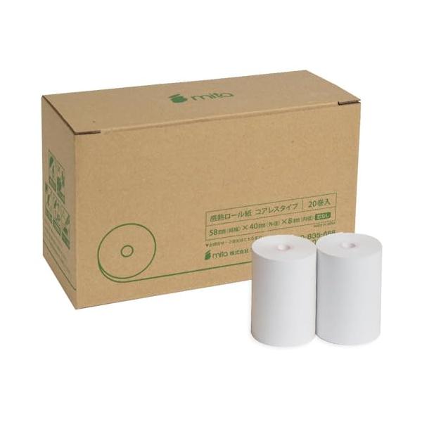 ホワイト/20巻/-・Size:20巻・種別 ： 感熱ロール紙・入り数 ： 20巻入・保存性 ： 5年保存・サイズ ： 幅58mm×外径40mm×内径8mm