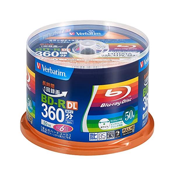50枚スピンドル50GB(地デジ約360分)/1回録画 50GB/VBR260RP50SV1・パッケージ個数:1・品種:録画用 BD-R DL(50GB)・1回録画用・録画時間:地デジ 360分 / BSデジタル260分・盤面印刷:（ホワイ...