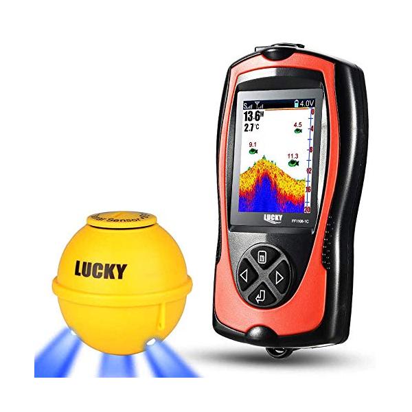 従来の携帯式無線魚群探知機が使わないカラー液晶 スクリーンを使っています。また、ホワイトバックライトの明るさが1から10段階調整できます。 スクリーンサイズ：35ＭＭ×50ＭＭ。解像度：320*240。水温や水深、水底地形、水草の量、砂泥、...