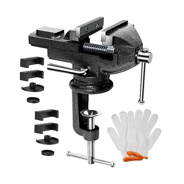 インダストリアルブラック/-/-・Color:ブラック・360度回転式ベンチバイス 8pcsゴムパッド 付き -----贈り物： 手袋*2 （ランダムな色）・寸法：口幅:70mm、 最大開口:75mm、クランプ部開口0~65mm，材質：炭素...