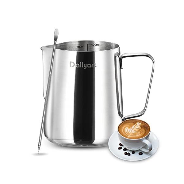 -/400ml/DY-400ml・Size:400ml・?プロ品質: Dailyart ミルク泡立てピッチャーは、クロム仕上げの #304 ステンレススチール製で、防錆、汚れ防止、耐衝撃性、耐熱性があり、日常の使用にのみからず、カフェ、喫茶...
