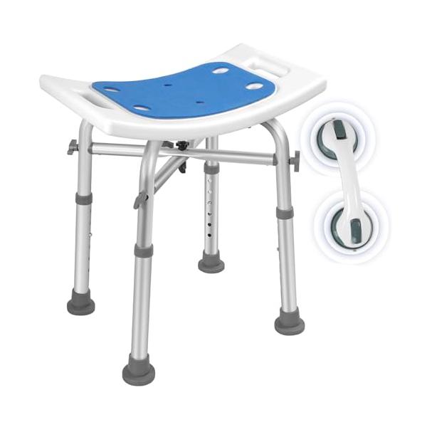 白+ブルー+グレー/風呂椅子+吸盤手すり/シャワーチェア+手すり・Size:風呂椅子+吸盤手すり・??商品情報 商品サイズ： (1)風呂椅子：座板サイズ：長さ43×幅26×厚さ2.8cm、6段階調整可能な高さ（41-54cm） (2)吸盤手...