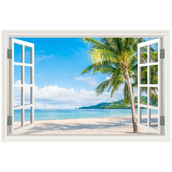 日本製ウォールステッカー「WAKU-窓シリーズ」ビーチ 椰子。様々な枠と風景・デザインをアレンジ。つやなしタイプの専用シートでお部屋に馴染みます。■サイズ：W64×H42.4cm■フレーム：2種類からお選びください。■素材：WAKUマットシ...