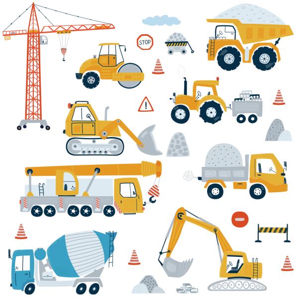 日本製ウォールステッカー 働く乗り物大集合！子供部屋の演出に。玄関、キッチン、トイレ、お風呂、家電、家具、リビングなど、色々な場所で使えるウォールステッカーです。■シートサイズ：W600×H600mm■素材：MU3透明マットシート■タイプ：...