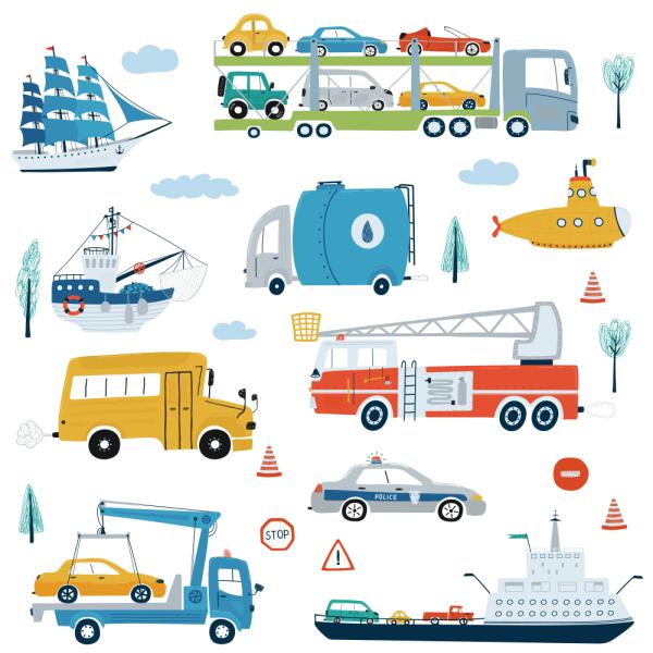 日本製ウォールステッカー 働く乗り物大集合！子供部屋の演出に。玄関、キッチン、トイレ、お風呂、家電、家具、リビングなど、色々な場所で使えるウォールステッカーです。■シートサイズ：W600×H600mm■素材：MU3透明マットシート■タイプ：...