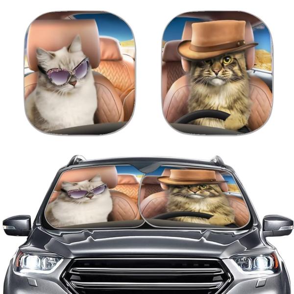 商品名: Howilath 車用 フロントガラスサンシェード フロントウィンドウ サンバイザー かわいい 猫柄 折りたたみ式 2ピース サンシェード 車を涼しく保ちます Howilath Car Windshield Sun Shade F...