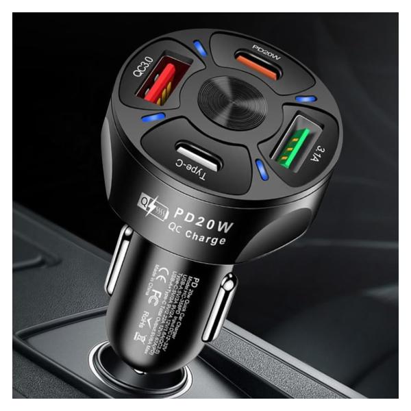 商品名: 車用充電器アダプター 4ポート USB 高速カーチャージャー QC3.0/PD20W/Type-c/2.1A スマートシャントカーフォン充電器 iPhone 12 Pro Max/11 Pro/XS/XR, Galaxy S20 ...