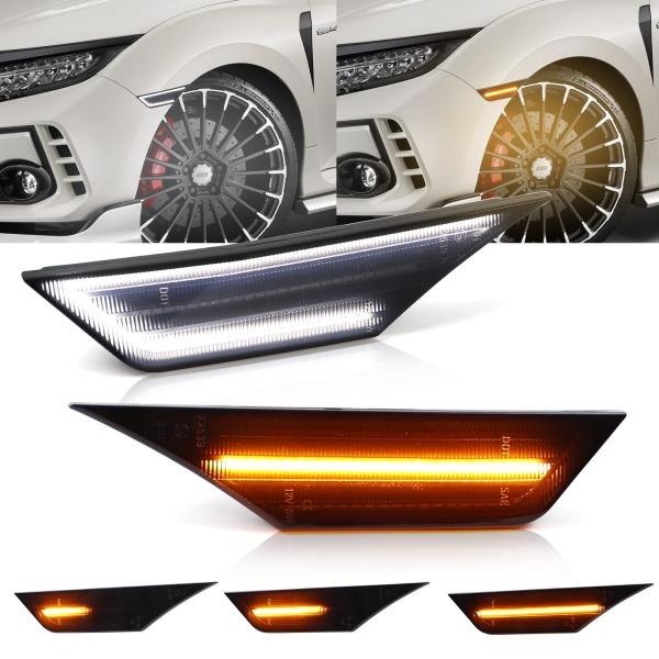 商品名: スイッチバック シーケンシャル LED サイドマーカーライト 2016-2021 ホンダ シビック セダン クーペ ハッチバック 10世代 スモークレンズ フロントバンパー アンバー ウインカーリフレクター ホワイト DRL Fe...