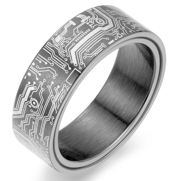 商品名: Adreamz 8mm ブラック/シルバー/ブルー コンピューター回路基板パターンリング - スピナーフィジェットリング メンズ 不安解消 フィジェット ブラック ステンレススチールリング 男性用 プログラマー 結婚指輪, 非貴金...