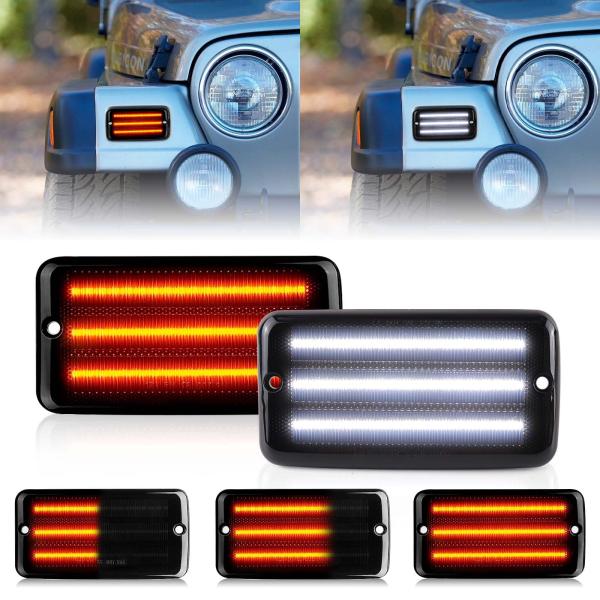 商品名:  LED Sequential Front Turn Signal Lights White DRL for 1997-2006 Jeep Wrangler TJ, Smoked Lens Bumper Dynamic Amber...