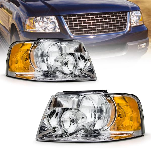 商品名: AS ヘッドライトアセンブリ クロームハウジング アンバーリフレクター 運転席と助手席側 AS Headlight Assembly for 2003 2004 2005 2006 Ford Expedition with Chr...