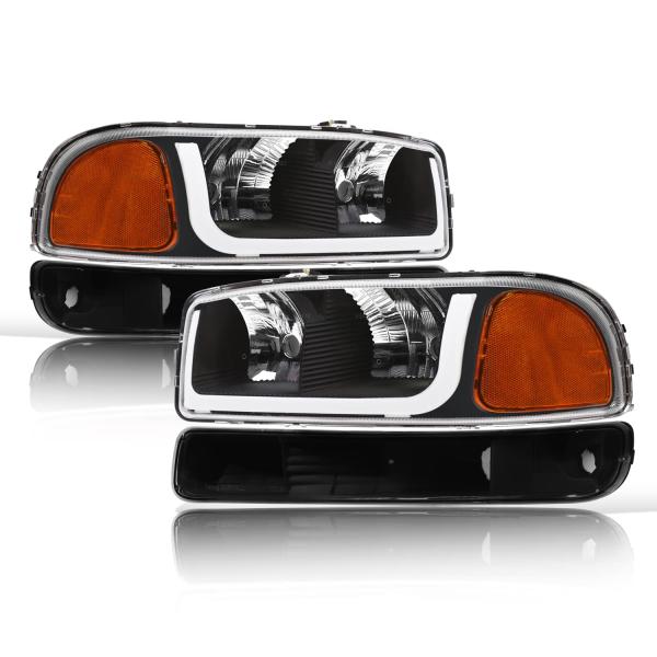 商品名: Alpha Owls 8719664 クリスタルヘッドライト シグナルバンパーライト&amp;ホワイトLEDライトバー付き 4ピース ブラックアンバー 1999-2006 GMC Sierra / 2007 Classic Bod...