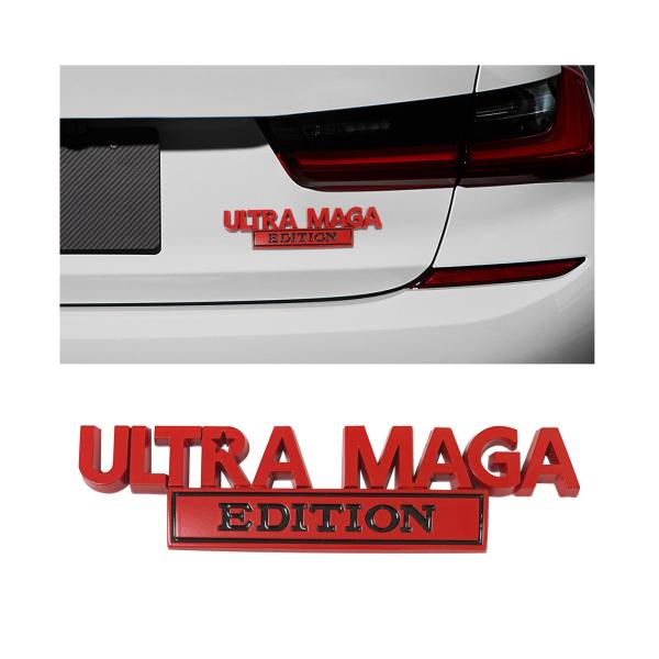 商品名: Dickno Ultra MAGAエディション カーエンブレム、3D隆起した文字のメタルフェンダーバッジステッカー、強力な接着剤、自動車のパーソナリティトランクロゴデカール、ユニバーサルカーエクステリア装飾アクセサリー(レッド&a...