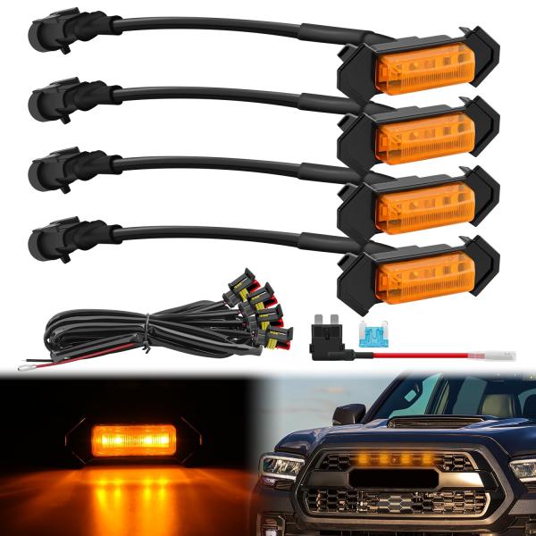 商品名: Nilight フロントグリルマーカーライト 4個 4LED アンバーライト アンバーレンズ 防水防塵ライト 4リードハーネス付き 15Aヒューズ 2016-2023 トヨタ タコマ TRD PRO フロントグリルと互換性あり N...