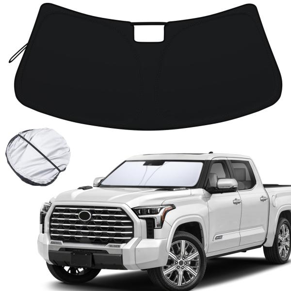 商品名: 4層 フロントガラスサンシェード トヨタ タンドラ アクセサリー 2022-2024 2025対応 310T 厚手 カスタムフィット 折りたたみ式 フロントウィンドウ サンシェード サンバイザー プロテクター 紫外線と熱をブロック...
