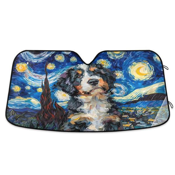 商品名:  Car Windshield Sun Shade Bernedoodle Dog in The Style of Vincent Van Gogh Painting Starry Night Foldable Car Front...