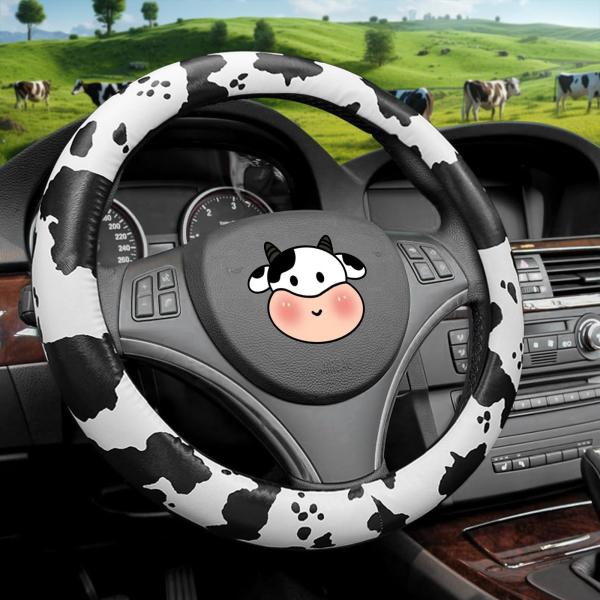 商品名: SuperKaKa ブラックカウプリントハンドルカバー2024、PUかわいいオートカウパターン通気性アンチスリップ快適レザーカバーユニバーサルプロテクターカーインテリアアクセサリーレディースメンズ(ブラック) SuperKaKa ...