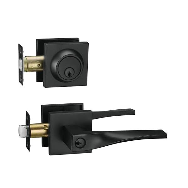 商品名: Berlin Modisch スリークシリーズ エントリーレバードアハンドルセットとシングルシリンダーデッドボルトロックレバーハンドルセット [フロントドアまたはオフィス] リバーシブル 高耐久 ? アイアンブラック仕上げ Ber...