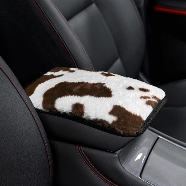 商品名: BubabyZZ ファーリーカーカウプリントアームレストカバー - キュートでふわふわのセンターコンソールパッドカーインテリアアクセサリー、女性、男性用フラシ天プロテクター ほとんどの自動車、SUV、トラックアームレストボックスに...