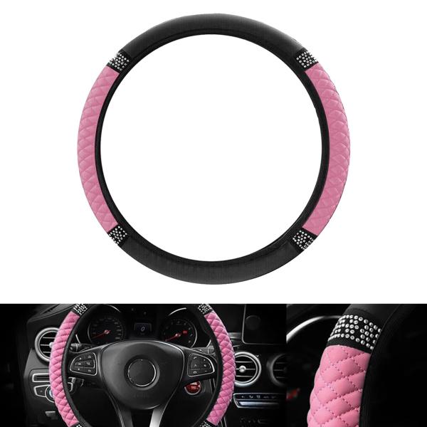 商品名: QBOONPT キラキララインストーンハンドルカバー 女性用 15インチ ソフトレザー 伸縮性 ハンドルプロテクター キラキラクリスタルダイヤモンド 女の子向け ほとんどの車に対応 車内アクセサリー (ピンク) QBOONPT B...