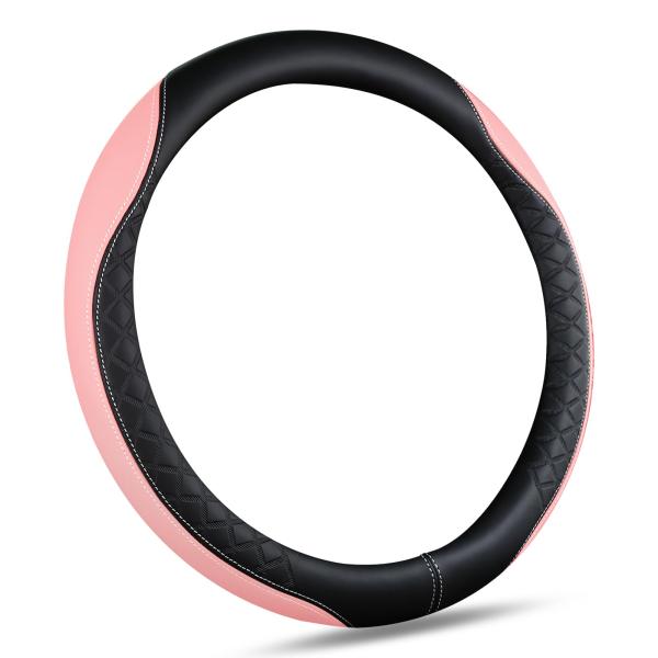 商品名: SuperKaKa ダイヤモンド チェック パターン レザー 車 ハンドルカバー - ユニバーサル スタイリッシュ &amp; 快適 PU 自動車プロテクター 車 インテリア アクセサリー レディース メンズ (ピンクとブラック)...