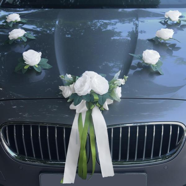 商品名: 車のウェディングデコレーションガーランド、リボン付き造花ブーケ、結婚前の車両用フラワーデコレーション、6つの白い花&amp;フロントノット、ウェディングパーティーの車の装飾に。 CusDusk Car Wedding Decora...