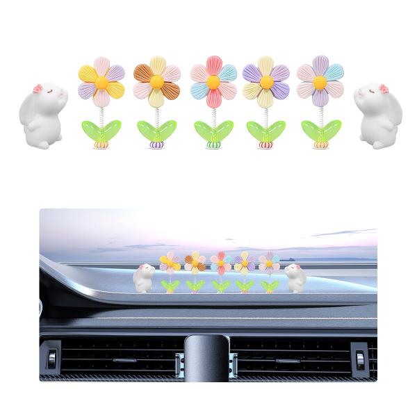 商品名: FSTURIOS 7個 かわいい車のバックミラーアクセサリー、おもしろいウサギの置物 揺れる春の花 ダッシュボード装飾 ボブルヘッドフラワーチャーム かわいい樹脂オーナメント 車 ホームオフィス用 FSTURIOS 7PCS Cu...