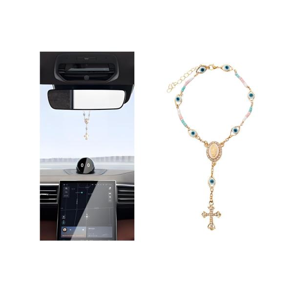 商品名:  KHGUZ Bling Car Rosary for Rearview Mirror, Hanging Evil Eye Beads Medal Cross Charm Auto Pendant Ornament, Crysta...