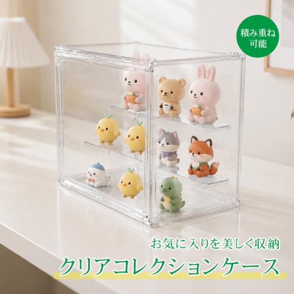 ■　透明度の高いPET素材を採用したクリアディスプレイケース■　棚付きの3段設計でコレクションを綺麗に収納できます■　マグネット式の扉がホコリやキズから中身を守ります■　コレクションの増加にも対応できる積み重ね設計■　マスコットやコスメ、推...