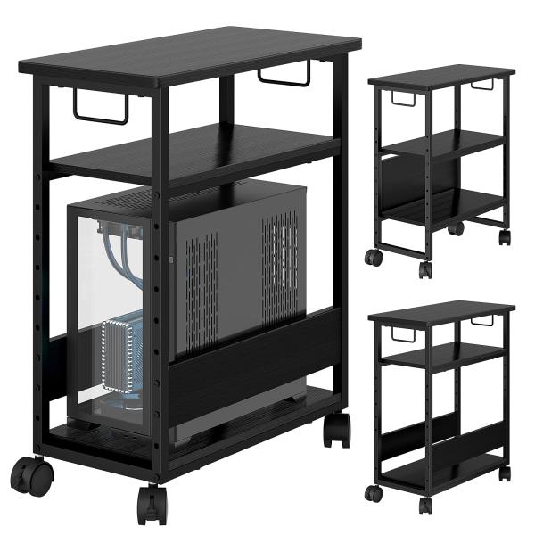 MIYOKI パソコンワゴン PCワゴン 複合機ラック キャスター付き 棚板高さ調節可能 幅60×奥行30×高さ70cm パソコン収納 木製 デスクサイド収納棚 ストッパー付き 移動便利 (ブラック)高さ調節に対応した可動棚付き:パソコンワ...