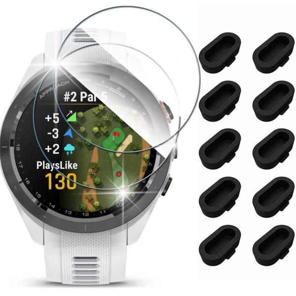 Miimall 対応Garmin(ガーミン)Approach S70 47mm【2枚ガラスフイルム+10点黒防塵プラグ セット】 9H 硬度 2.5D 加工 耐指紋 撥油性 高透過率 電器ポート Approach S70チャージャーポート ...