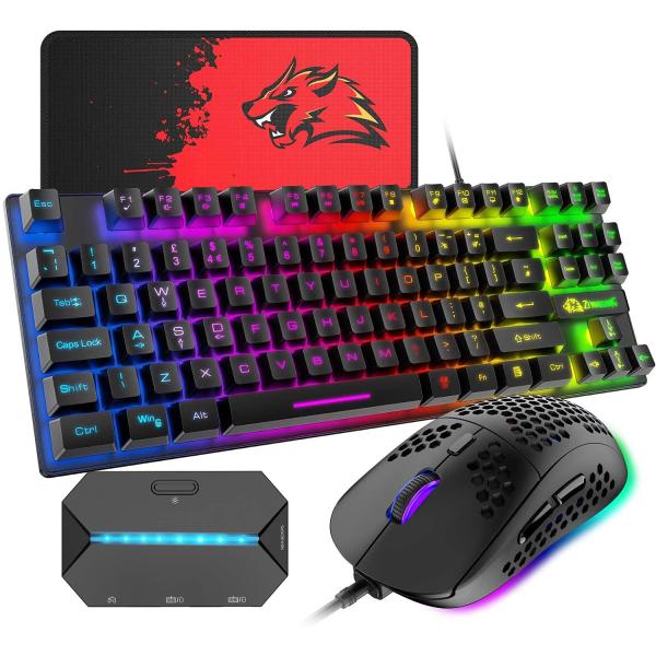 ゲーミングキーボード マウス コンバータ付き 88キー 軽量 LEDバックライト USB接続 エルゴノミック 防水 ゲーマーやタイピストに最適、6400DPIゲーミングマウス マウスパット付き 日本語取扱説明書付き PC PS4 対応t2 ...