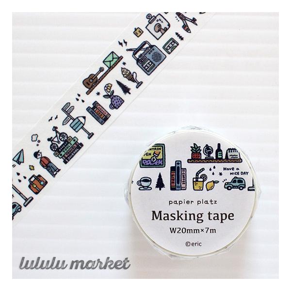 アーティストシリーズのマスキングテープ。消しゴムハンコ作家eric（エリック）さんオリジナルの絵柄からできたカラフルなイラスト。日常の色々なアイテムが描かれています。◆サイズ：20mm×7ｍ◆その他：和紙／日本製／個包装