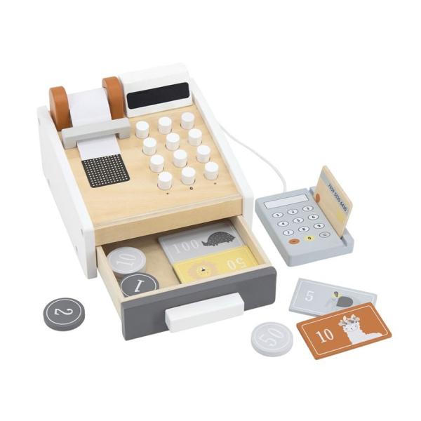 レジはクレジットカードリーダー付きで、カード、コイン6枚、紙幣5枚がセットになっています。カードリーダーにカードを通したり、キャッシャーを開けて紙幣とコインを出し入れしたりと楽しいしかけがたくさんで、お店屋さんごっこが楽しめます。＊内容物：...