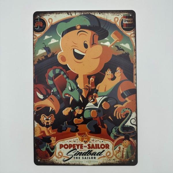 アメリカンアニメの名作『Popeye the Sailor（ポパイ）』が、アラビアン風の冒険「Sinbad the Sailor」とコラボしたレトロスタイルのブリキ看板です！大きく描かれたポパイの笑顔と、周囲を囲むバラエティ豊かな敵キャラた...