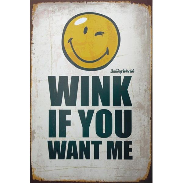 スマイリーワールドのウィンクデザインが印象的なブリキ看板です。ポップでレトロな雰囲気が、お部屋やカフェ、ガレージなどの空間を明るく演出します。メッセージ性のあるデザインは、ディスプレイやギフトにもぴったりです。サイズは縦30cm、横20cmです。