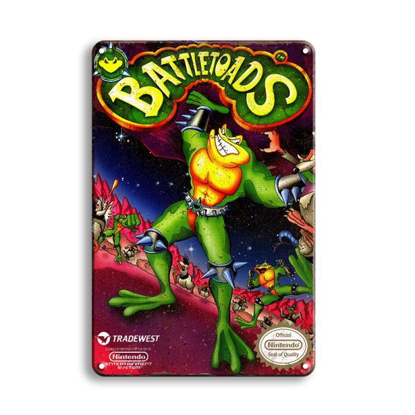 人気ゲーム「バトルトード（Battletoads）」のレトロデザインが魅力的なブリキ看板です。インパクトのあるキャラクターと鮮やかなカラーで、お部屋やガレージ、ショップのディスプレイにも最適です。サイズは縦30cm×横20cmの縦型タイプで...