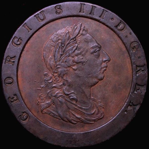 ご興味ありがとうございます。直径：約41.2mm重量：約56g国名：イギリス発行年：1797年参考グレード：EF（極美品） Great Britain 1797 2 pence copper