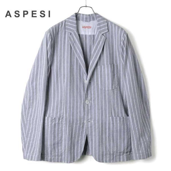 ASPESI / アスペジ｜コットンシアサッカーストライプ柄シャツジャケット(GIACCA SAMURAKI)｜（ブラック×ホワイト×ブルー）｜ 春夏 アウター ブレザー アンコンジャケット メンズ イタリア アウトレット