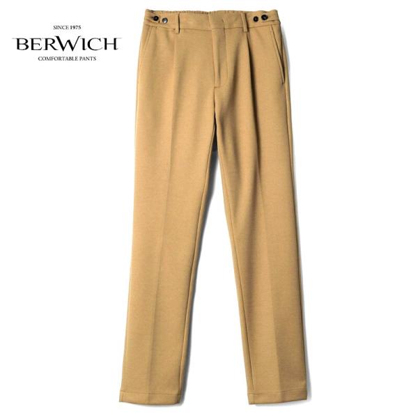 【40%OFF】BERWICH / ベルウィッチ｜ポリエステルコットンストレッチジャージーサイドアジャスター付きバックシャーリング1プリーツパンツ(BERTO GT1975X)｜（キャメル）｜ 秋冬 スラックス イージーパンツ テーパードパ...