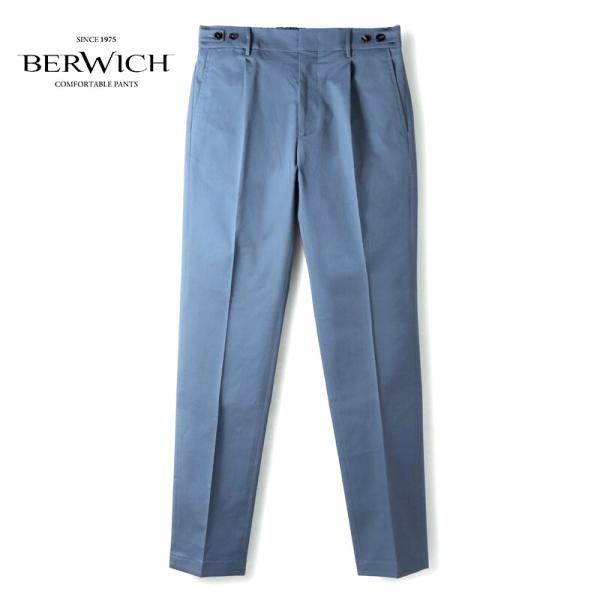 【30%OFF】 BERWICH / ベルウィッチ｜コットンストレッチツイルサイドアジャスター付きバックシャーリング1プリーツパンツ(BERTO/CK1790X)｜（アズールブルー）｜ 春夏 スラックス イージーパンツ シャーリングパンツ ...