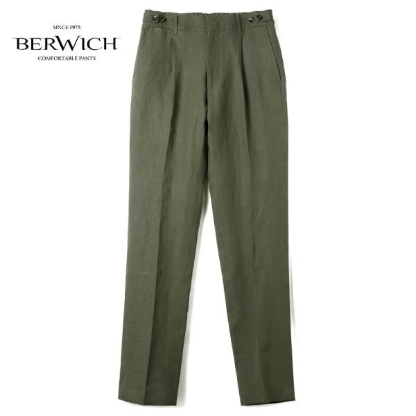 【30%OFF】 BERWICH / ベルウィッチ｜リネントロピカルサイドアジャスター付きバックシャーリング1プリーツパンツ(BERTO/VT1330)｜（アーミーグリーン）｜ 春夏 スラックス イージーパンツ シャーリングパンツ ベルト ...