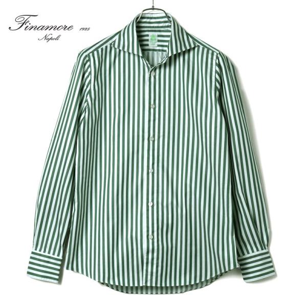 【30%OFF】 FINAMORE / フィナモレ｜ブロックストライプ柄コットンツイルホリゾンタルカラーシャツ(C0510 BALI SIMONE)｜（ホワイト×ディープグリーン）｜ カジュアルシャツ 長袖シャツ ロンドンストライプ 手縫い...